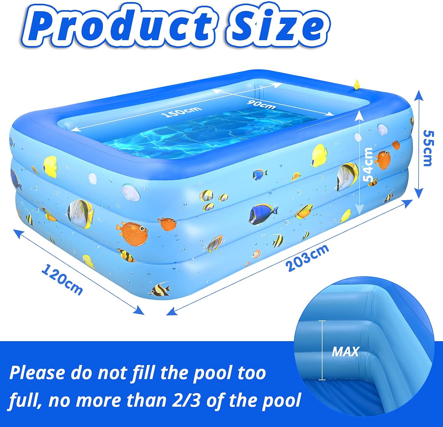 GOLDGE Rectangular Inflatable Pool, 203 x 120 x 55 cm Inflatable Kiddie ...