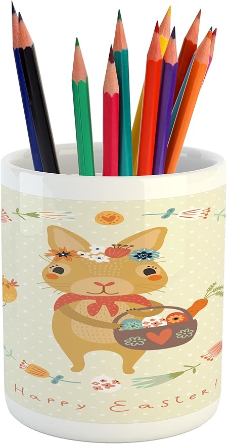 Amazon.com : Lunarable Rabbit Pencil Pen Holder, Bunny with a Basket in ...
