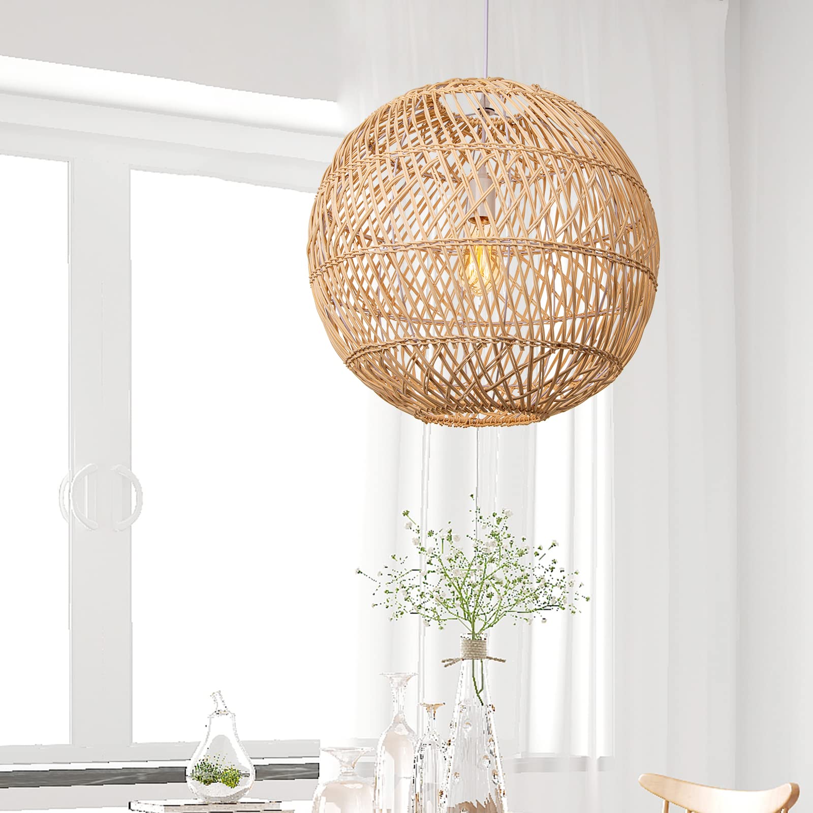 Arturesthome Natural Rattan Pendant Light, Woven Round Chandelier Pendant Lamp Shade, Hanging ...
