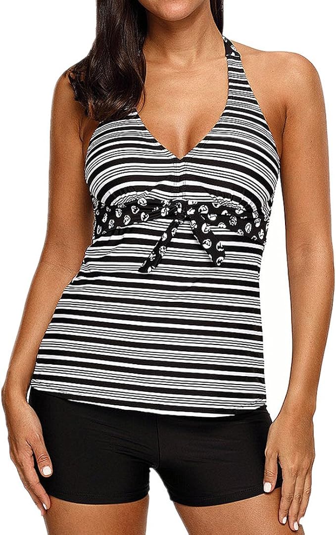 Addfect Neckholder Badeanzug Gestreift Damen Tankini Zweiteiler Strandmode Top V-Ausschnitt Push ...