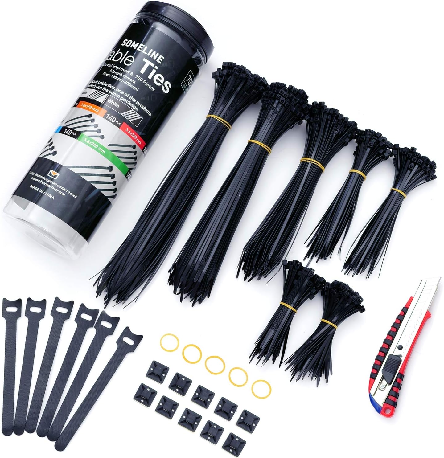 Nylon Cable Tie Set with Cutter with Velcro Cable Tie and Elastic Self-Locking Cable Tie for 100 ...