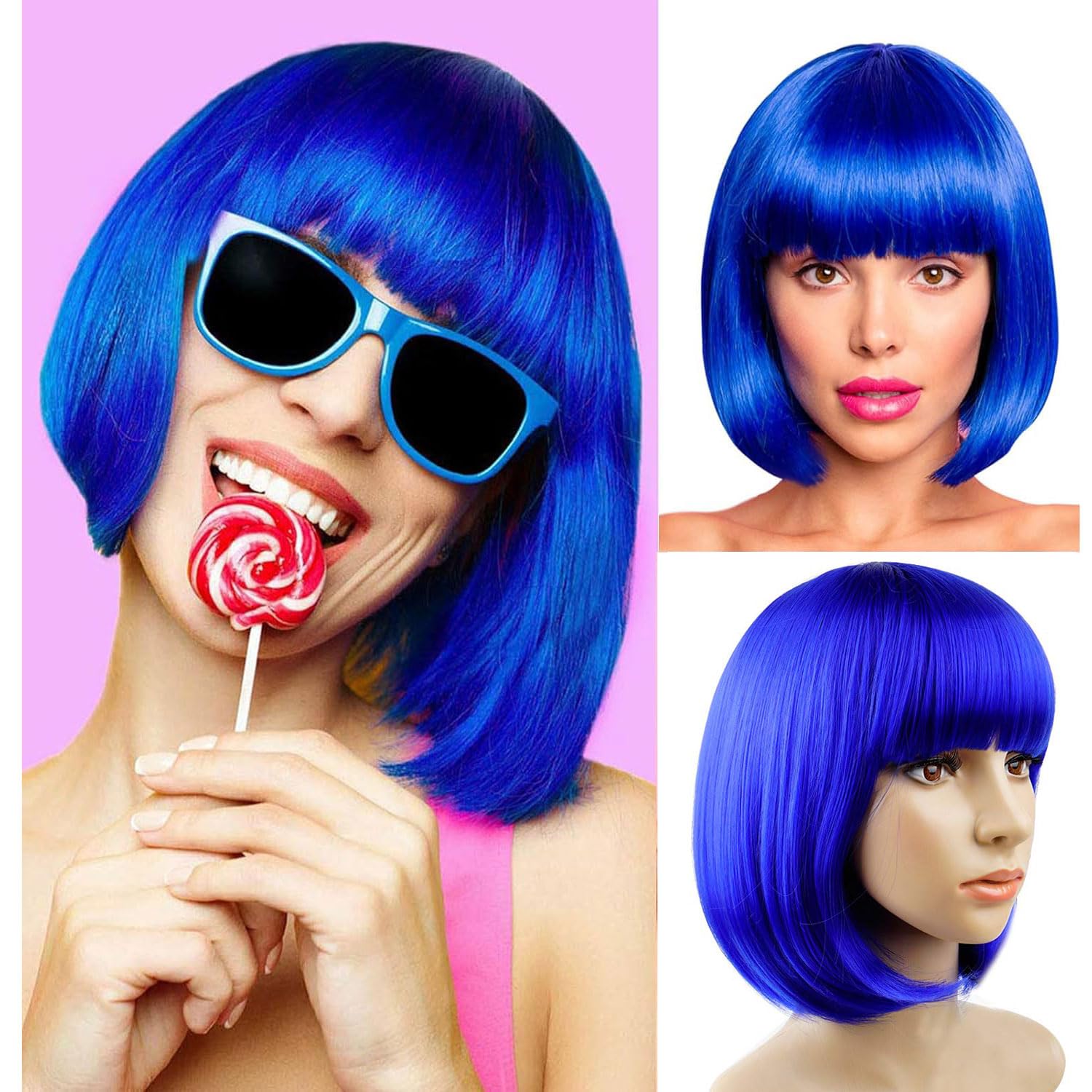 YOUNIGA Blue Bob Wig With Bangs 12 Inch Royal Blue Wig Short Synthetic ...