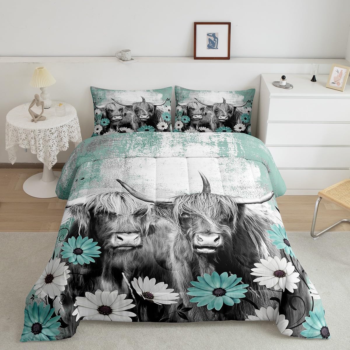 Erosebridal Highland Cow Twin Comforter Set,Western Longhorn Bull Bedding Set for Kids Adults ...