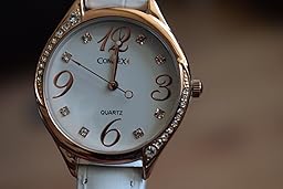 COMTEX Ladies Watches Rose Gold Tone with White Leather Strap Fashion ...