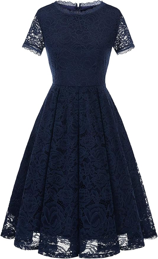 DRESSTELLS Damen Midi Elegant Hochzeit Spitzenkleid Kurzarm Rockabilly Kleid Cocktail ...