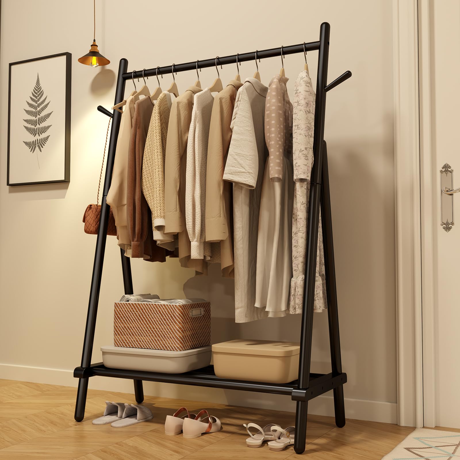 KASLANDI Solid Wood Clothes Rack, Clothing Rack with Shelf and Hook ...