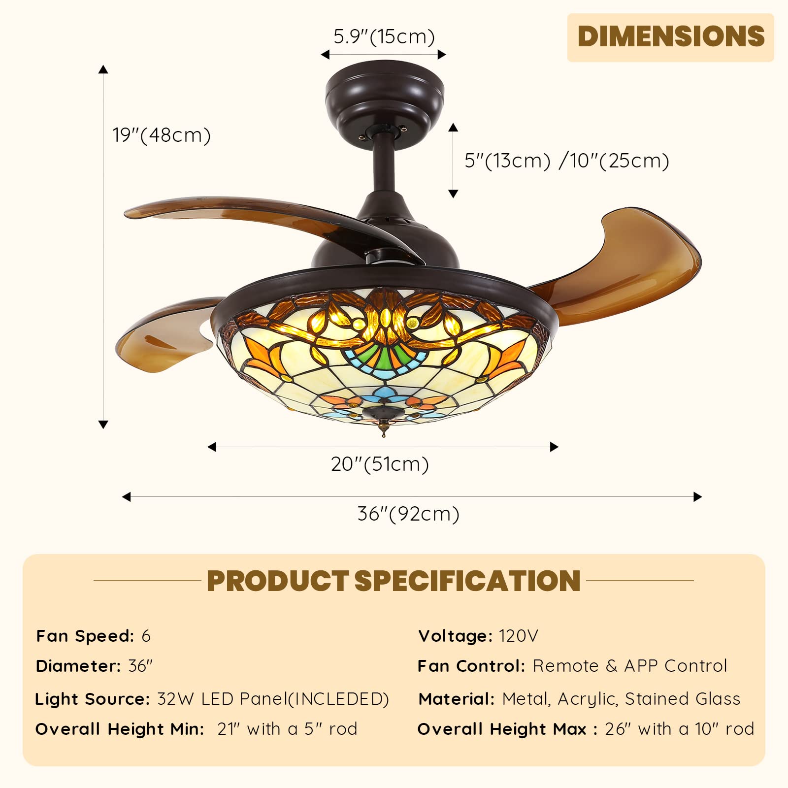 Mua Siljoy Tiffany Style Ceiling Fan Remote & APP Control Retractable ...