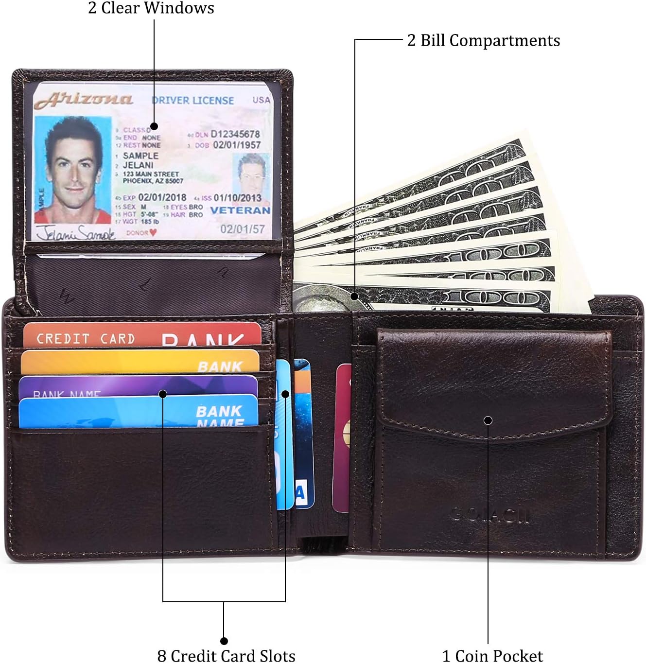 GOIACII Mens Wallets Genuine Leather RFID Blocking Slim Bifold Flip ...