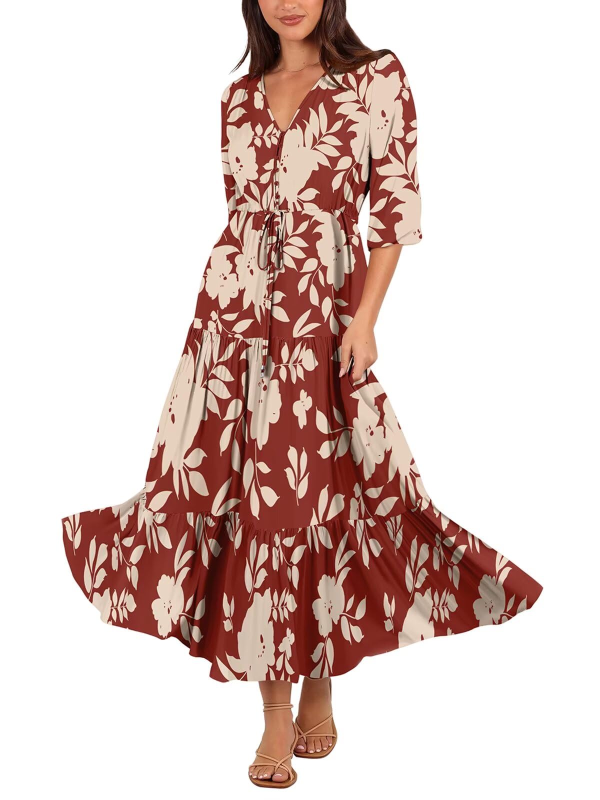 Womens Printed Maxi Long Dresses Casual Sexy V Neck Half Sleeve Dress ...
