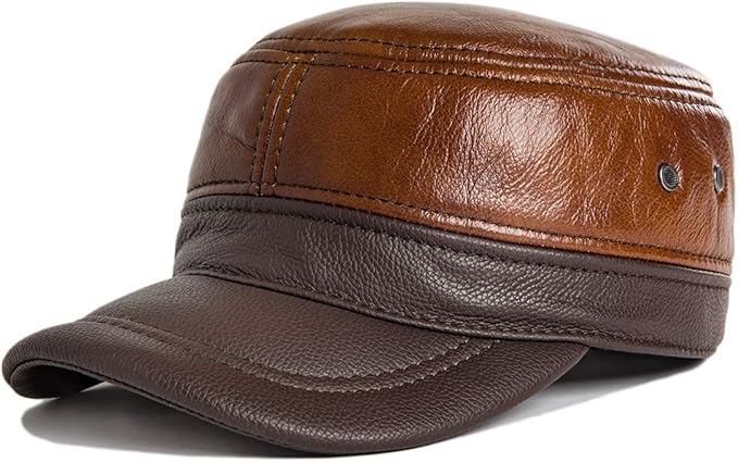 VOBOOM Genuine Leather Cap for Men Winter Military Style Adjustable ...
