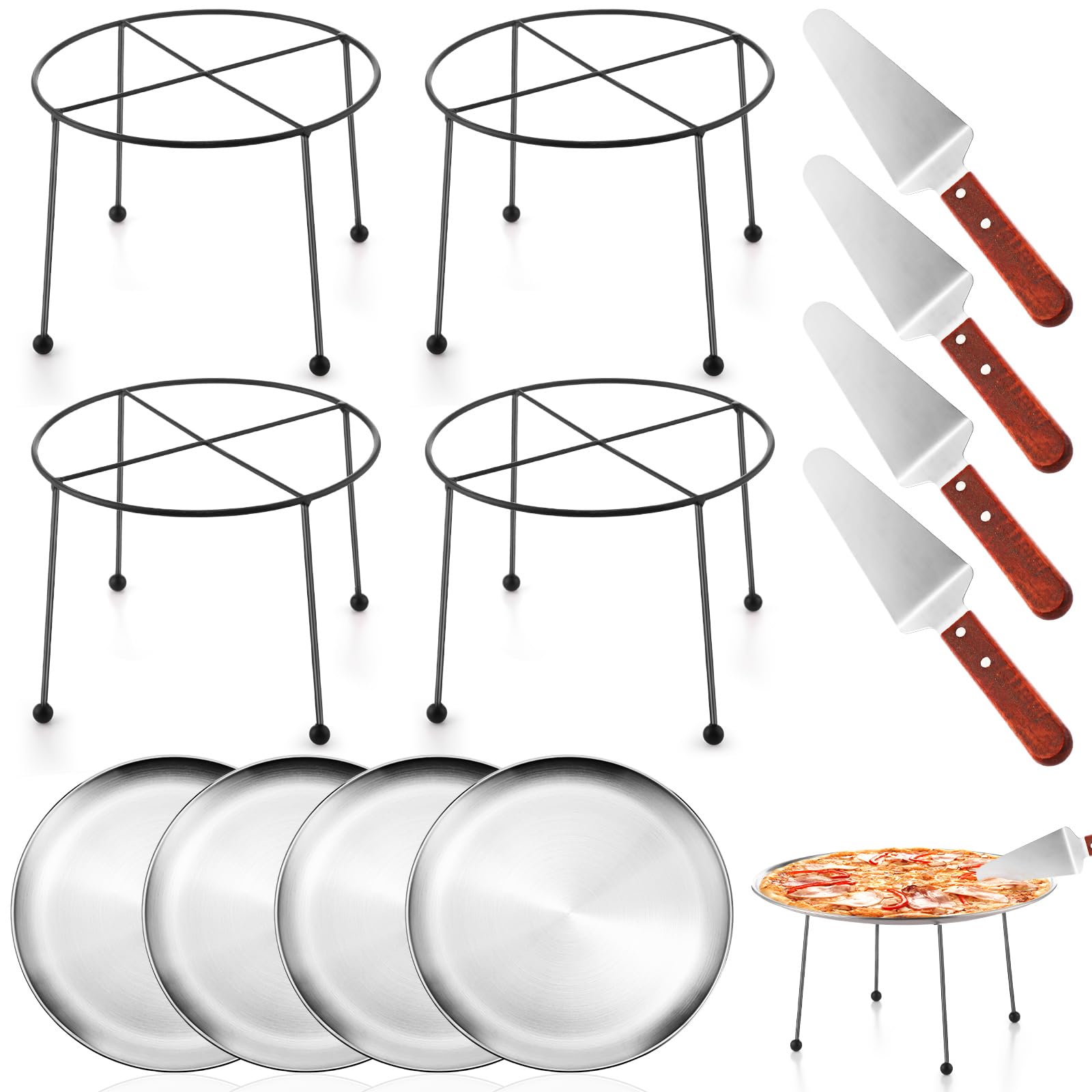 Yiyiring 12 Pcs Pizza Pan Riser Stand Set: 4 Metal Pizza Stands, 4 ...