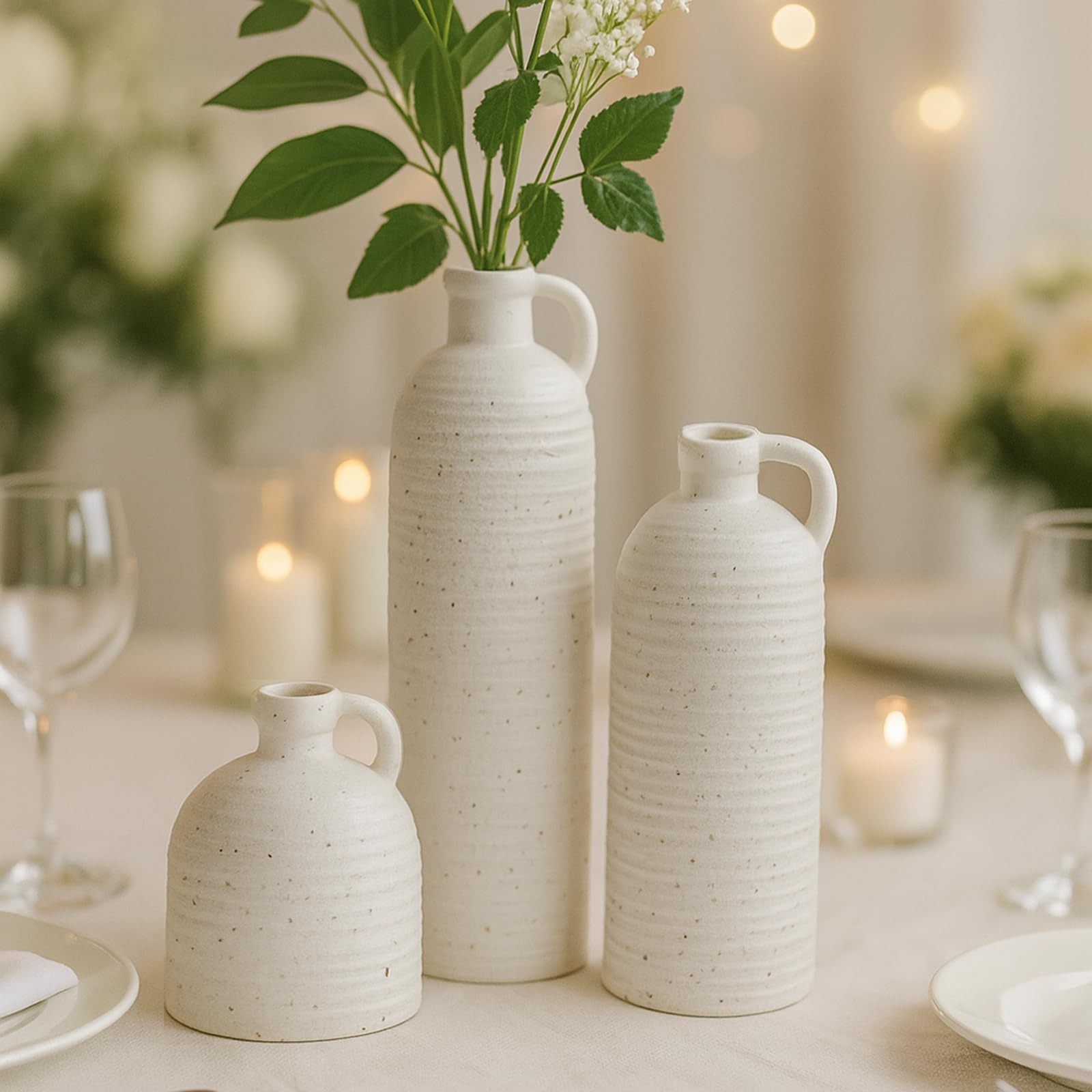 White Ceramic Vase Set of 3 with Handle – Ribbed and Dotted Jug Vases ...