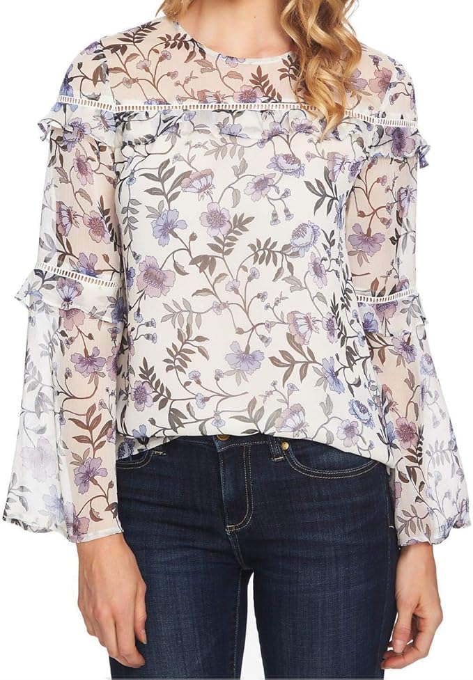 CeCe Long Sleeve Tiered Ruffle Bloomsbury Floral Blouse Antique White ...