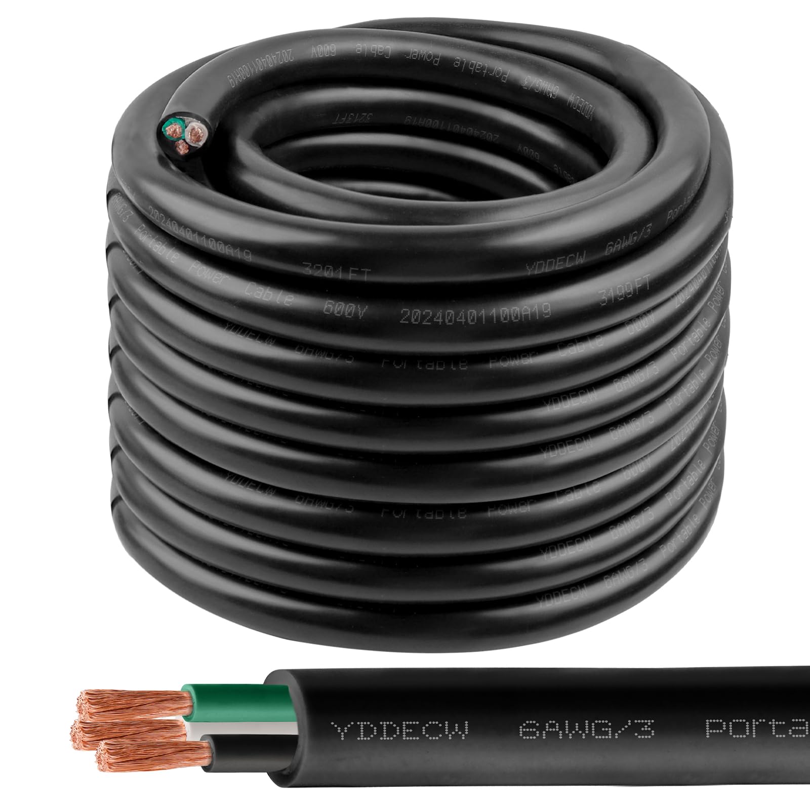 YDDECW 50ft 6/3 6 AWG Portable Power Cable (3 Conductor) - SOOW 600V 6 ...