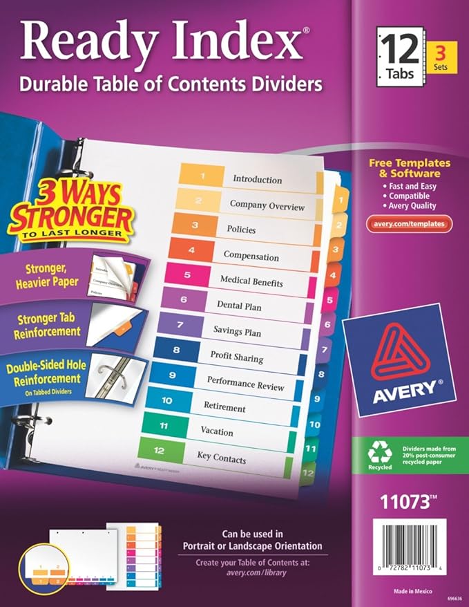 Avery Ready Index Table of Contents Dividers, 12-Tab, 3 Sets (11073 ...