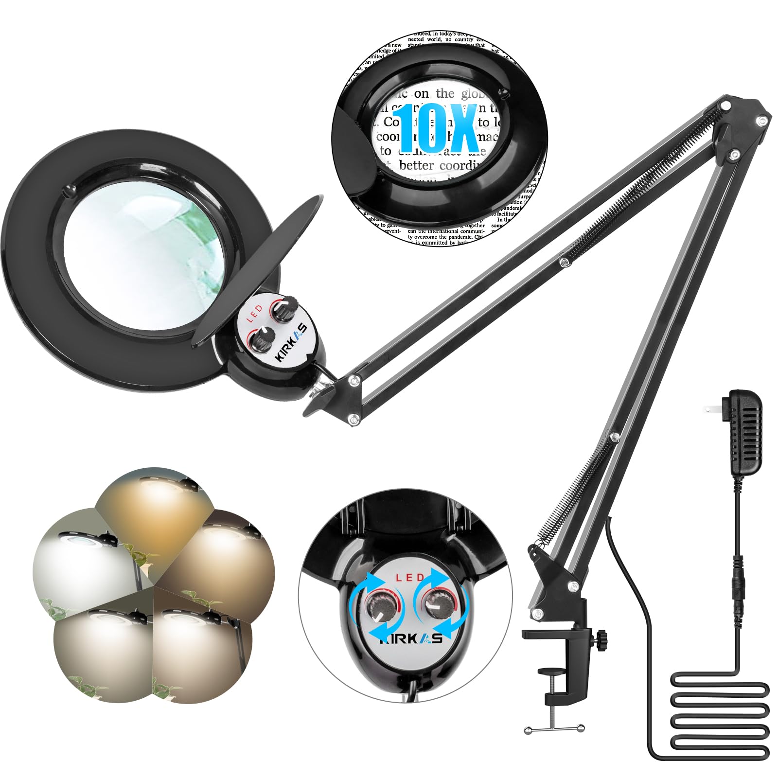 KIRKAS 10X Magnifying Glass with Light and Clamp, LED Magnifying Lamp ...