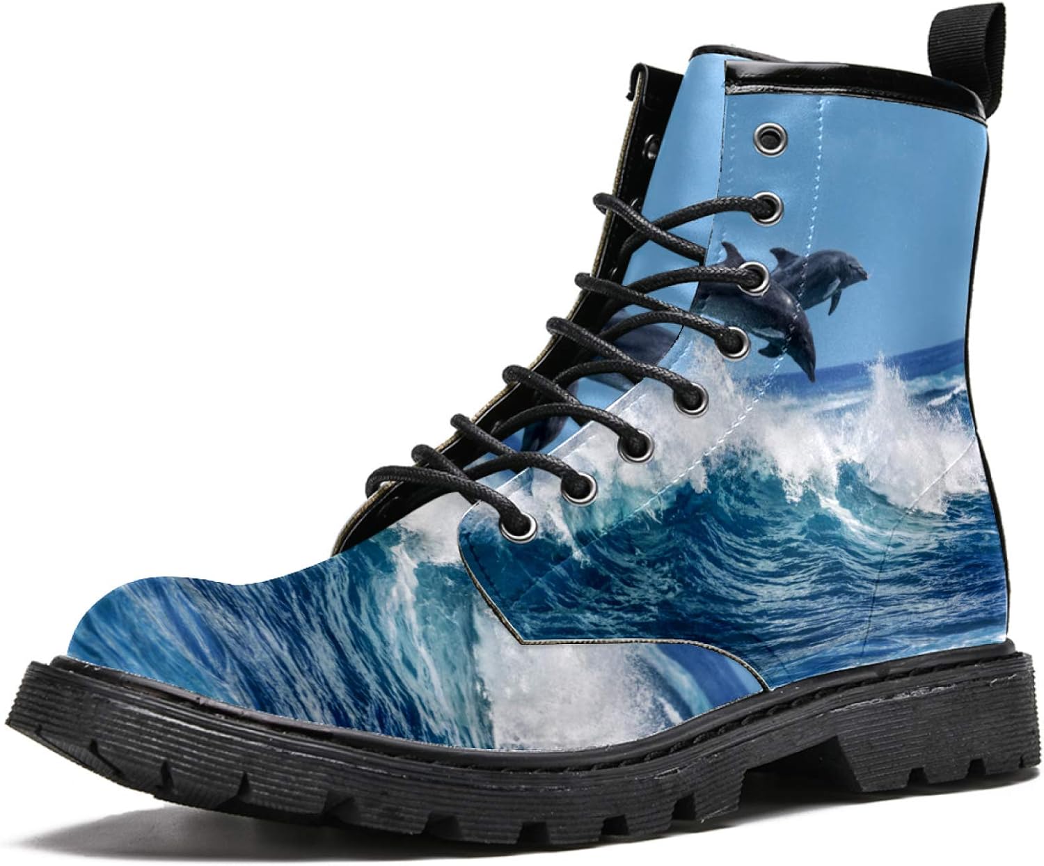 MAPOLO Men's High Top Boots Lace Up Dolphins Jumping Winter Boots ...