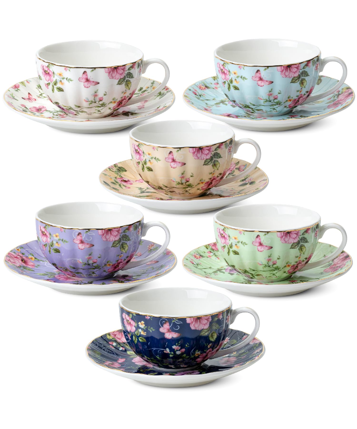 BTaT- Floral Tea Cups and Saucers, 7 oz, Tea Cups Set of 6, Porcelain Tea Cups, Cup & Saucer ...