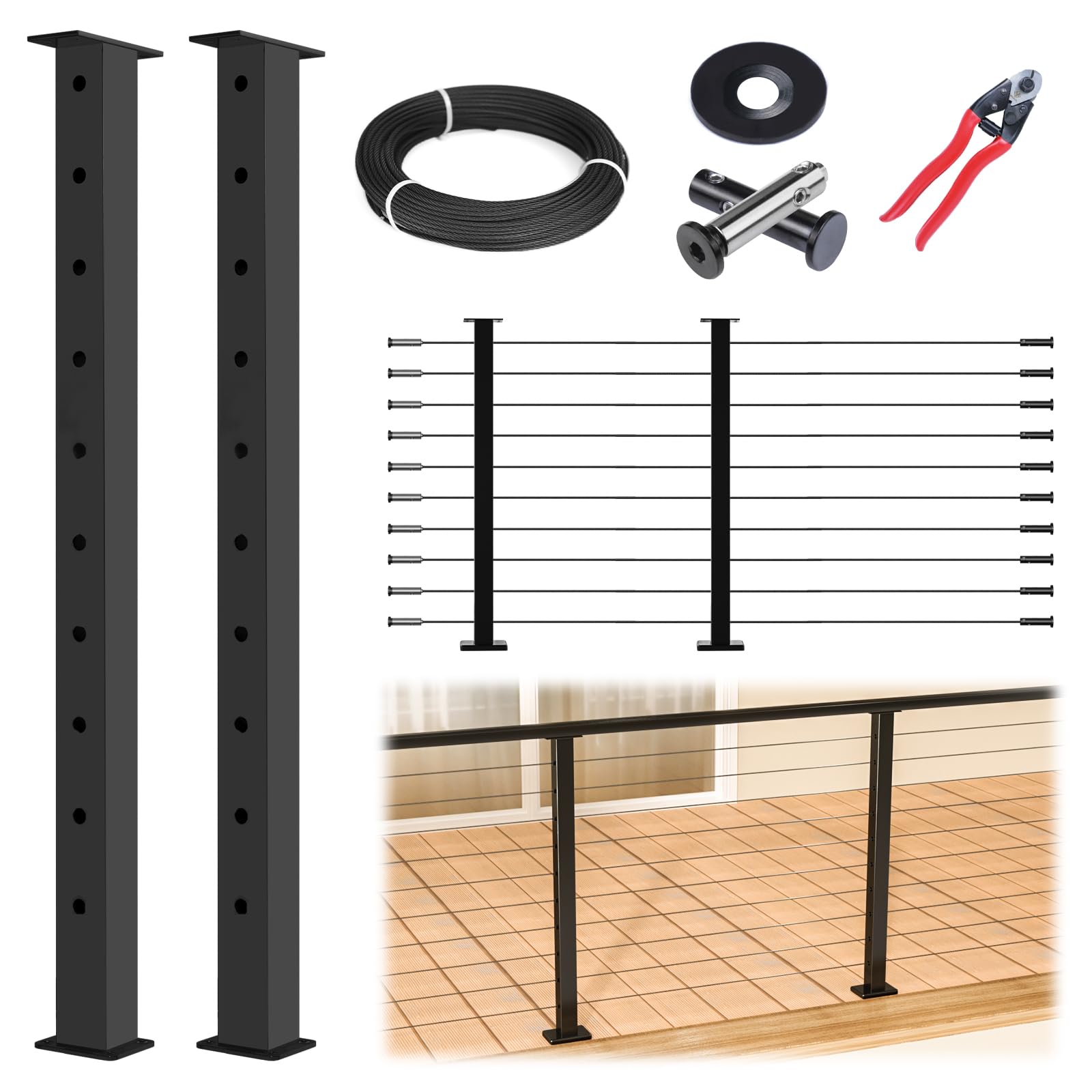 Muzata 5ft-10ft Cable Railing Kit 36" 2PACK Black Posts PS02 with 150ft ...