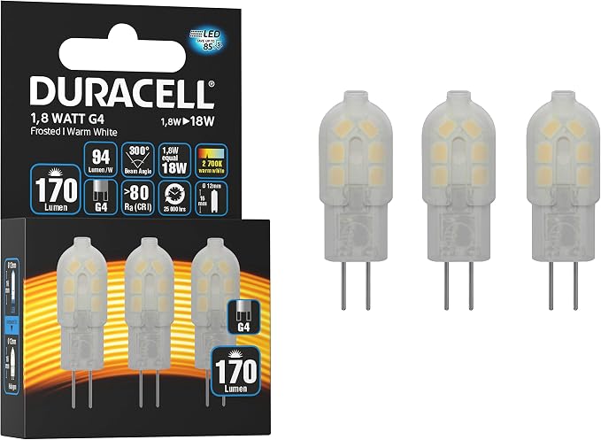 Duracell LED 12V G4 Frosted Light Bulbs, 1.8W, 70 lumens, 18W Halogen ...
