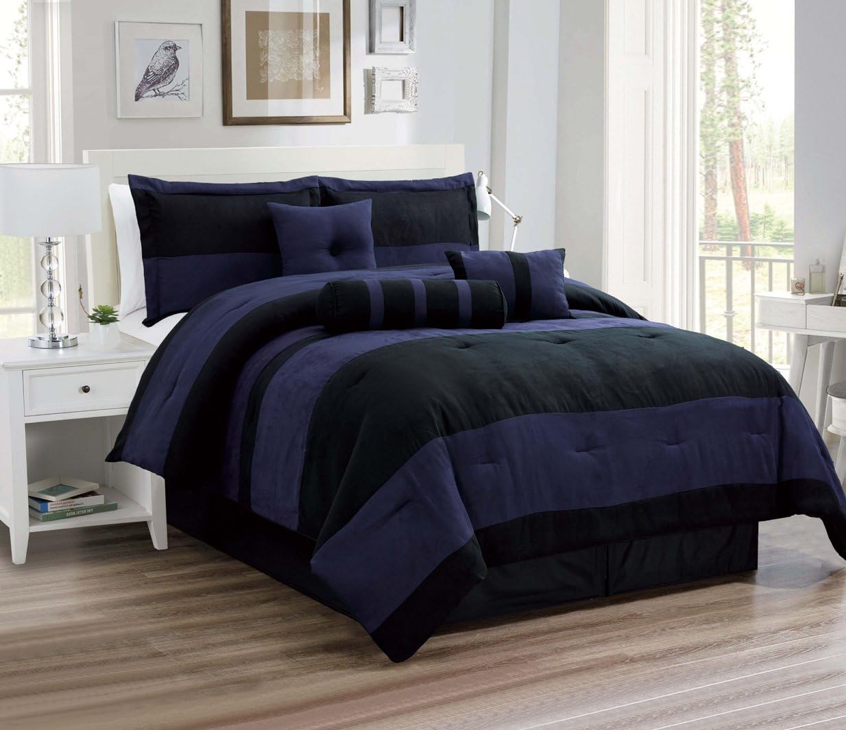 Amazon.com: Grand Linen Oversize Navy Blue/Grey Comforter Set Micro ...