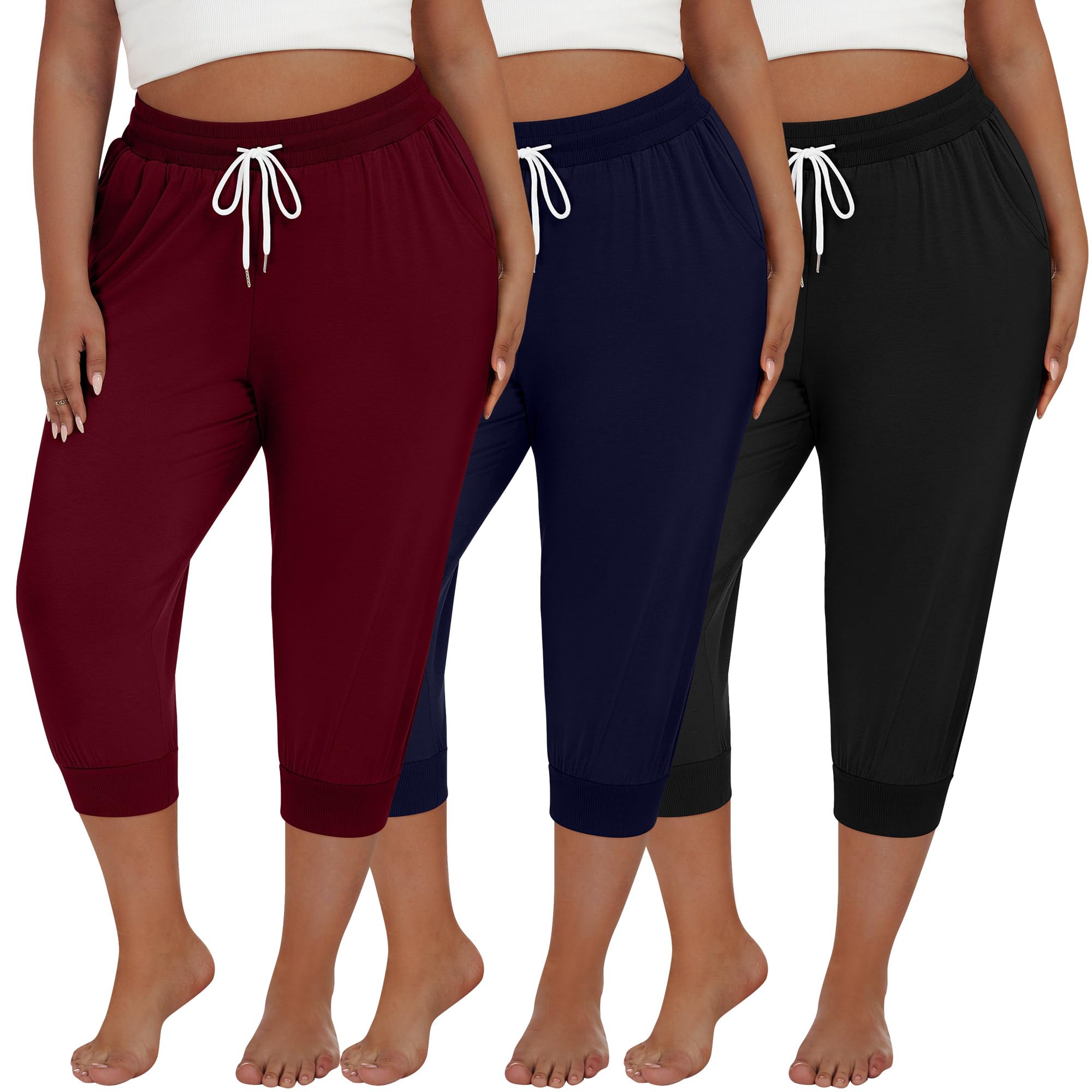 Neer 3 Pack Women's Plus Size Capris, Cotton Lounge Capri Pants Cropped ...