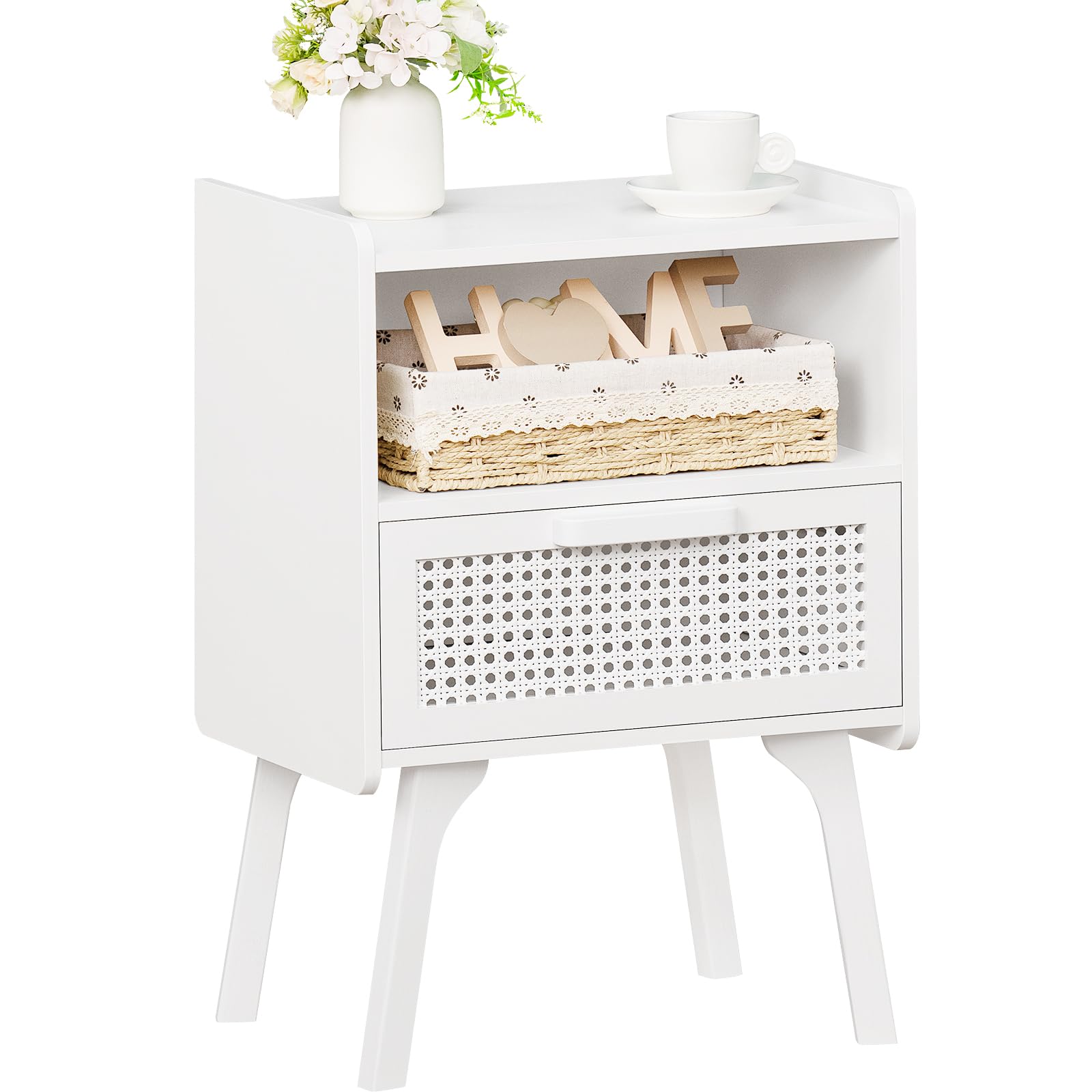 Lerliuo Rattan Nightstand, Side Table with Drawer Open Shelf, Cane ...