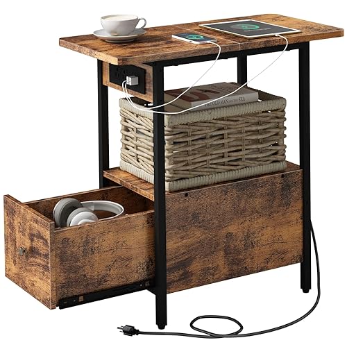 LIDYUK End Table with Charging Station, Narrow Side Table with Drawer ...