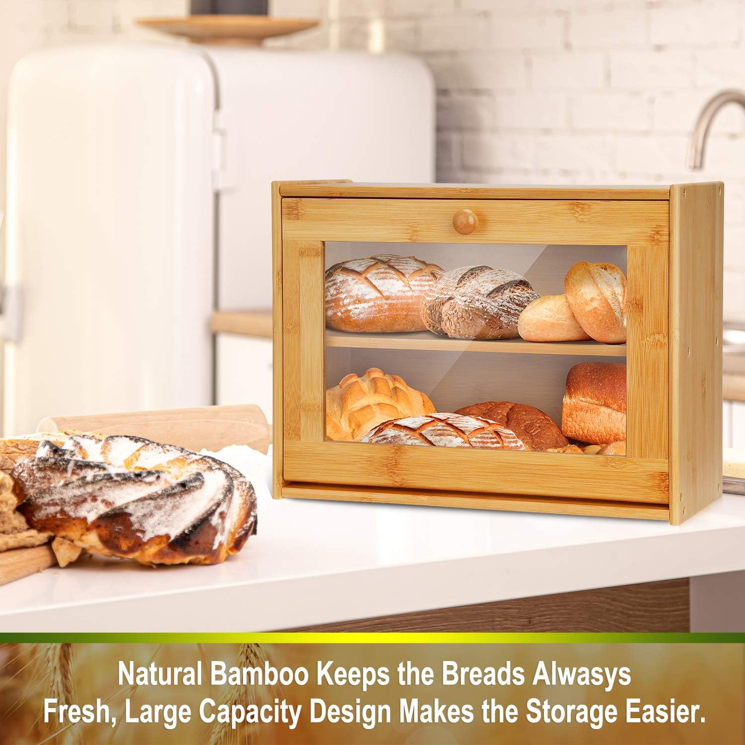 Bread Bin, Double Layer Bamboo Bread Storage Bin Crate Kitchen ...