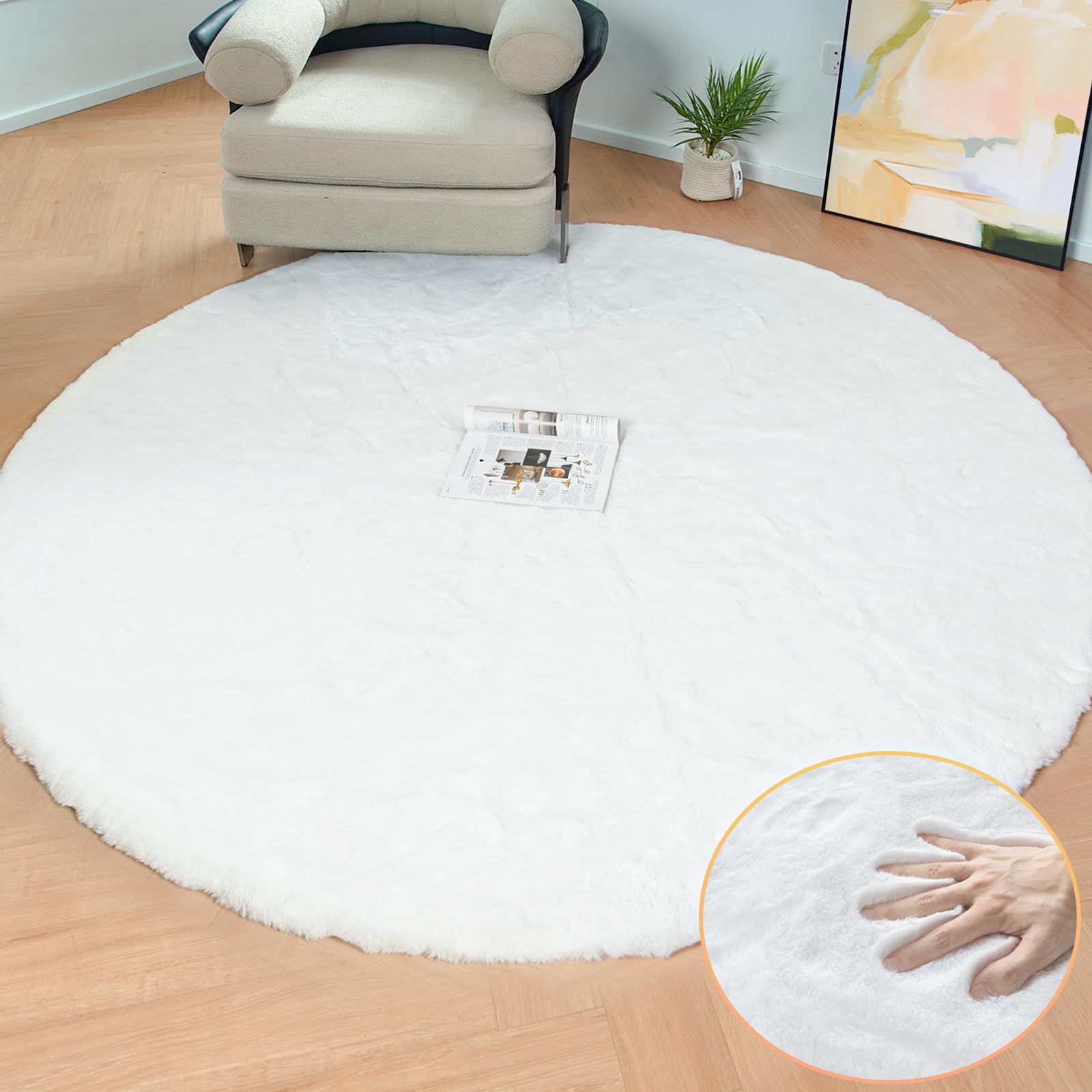 ORINOVA White Fluffy Round Rug 5ft for Bedroom Circle Faux Rabbit ...