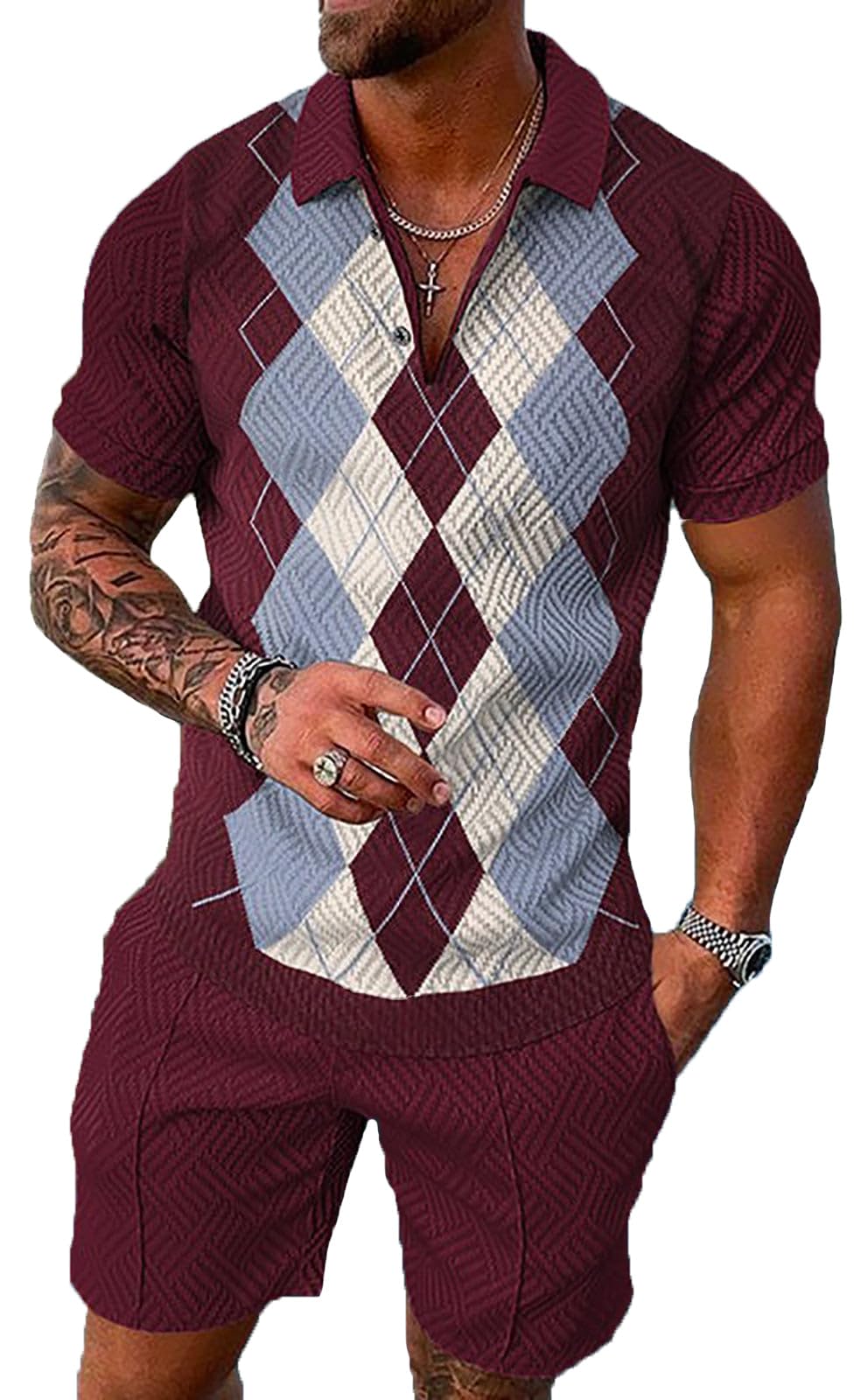 Wine Red White Light Blue Rhombus L Men‘s Track Suits 2 Piece Summer ...