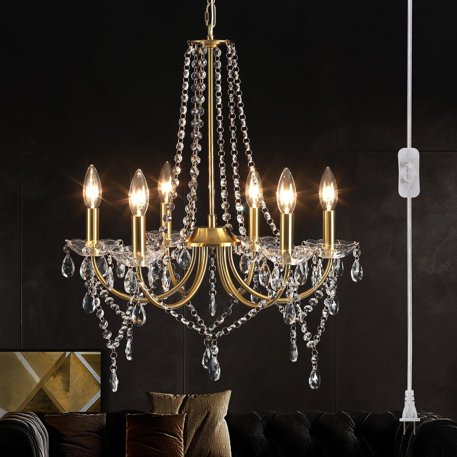 Plug in Gold Crystal Chandelier Lighting with Long Cord, 6-Light Modern ...