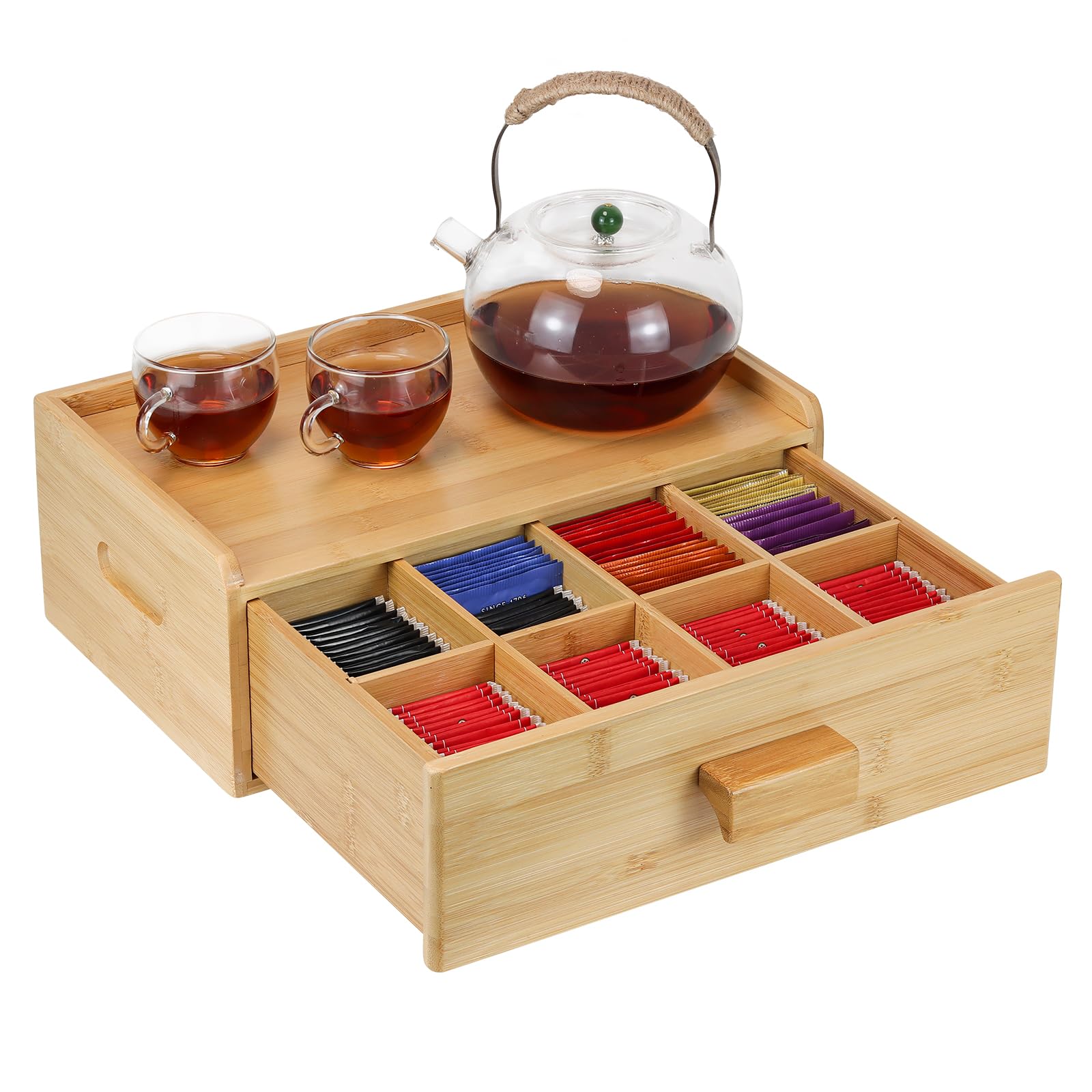 MOCAS Bamboo Tea Bag Organizer, Tea Box with Slide Storage Drawer, 8 ...