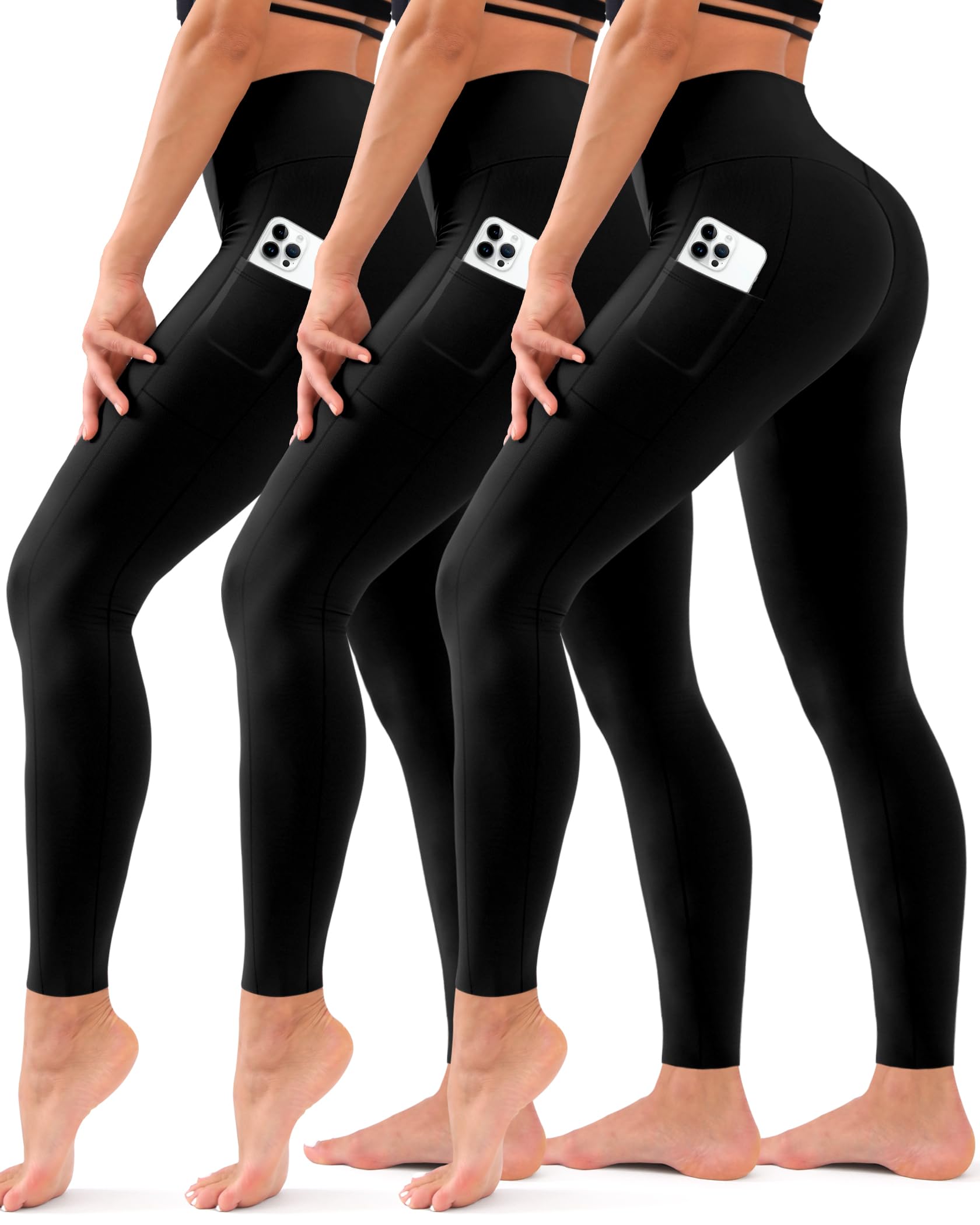 Hmuuo 3 Pack Leggings with Pockets for Women High Waisted Tummy Control ...