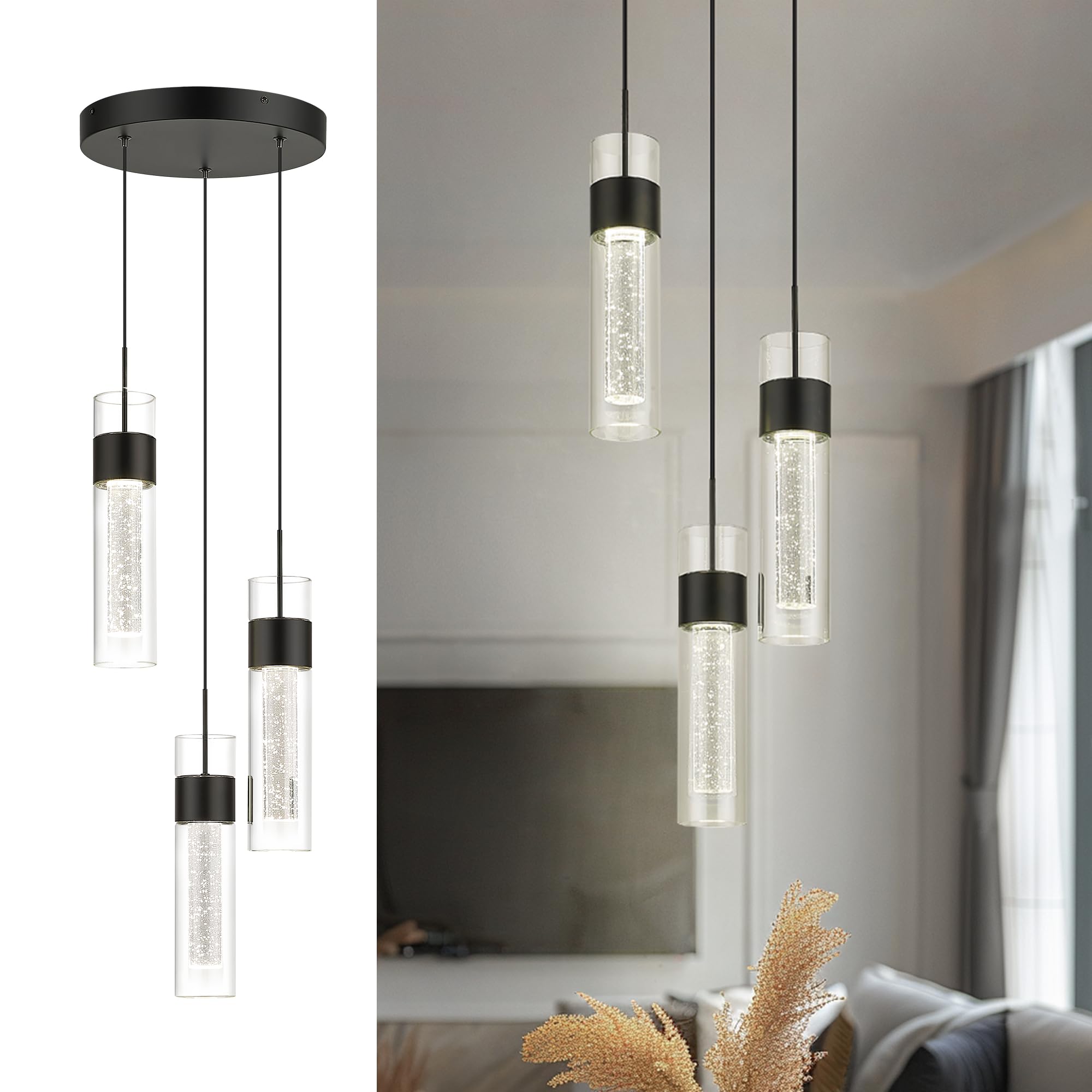 kudos Black Pendant Light Fixtures, 3-Lights, Modern LED Pendant Lights ...
