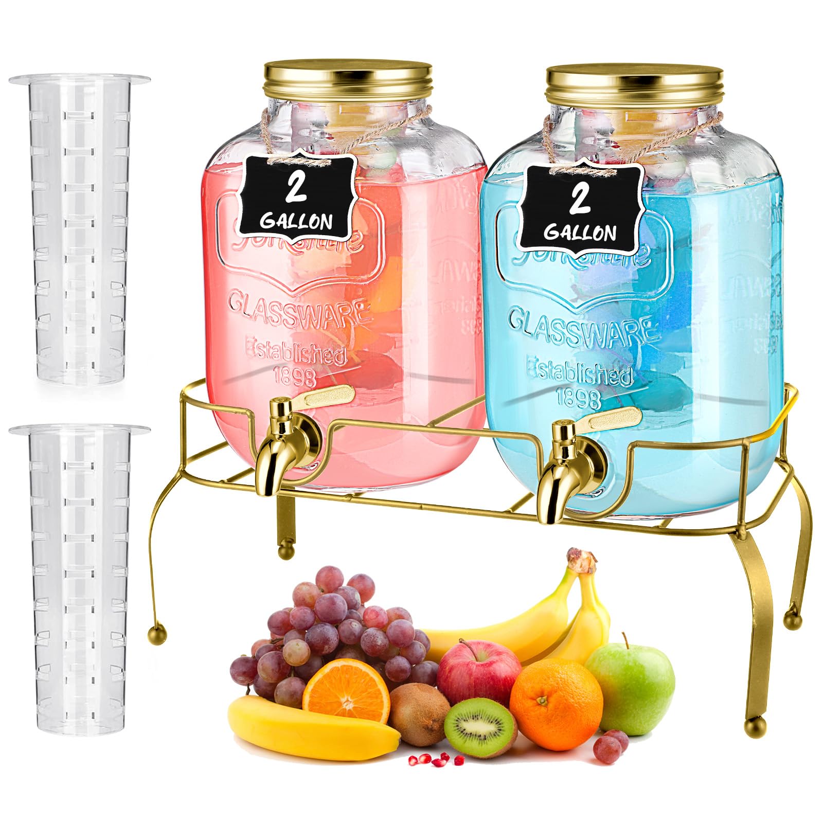 Lallisa 2 Pcs 2 Gallon Glass Drink Dispenser with Stand Ice Cylinder ...