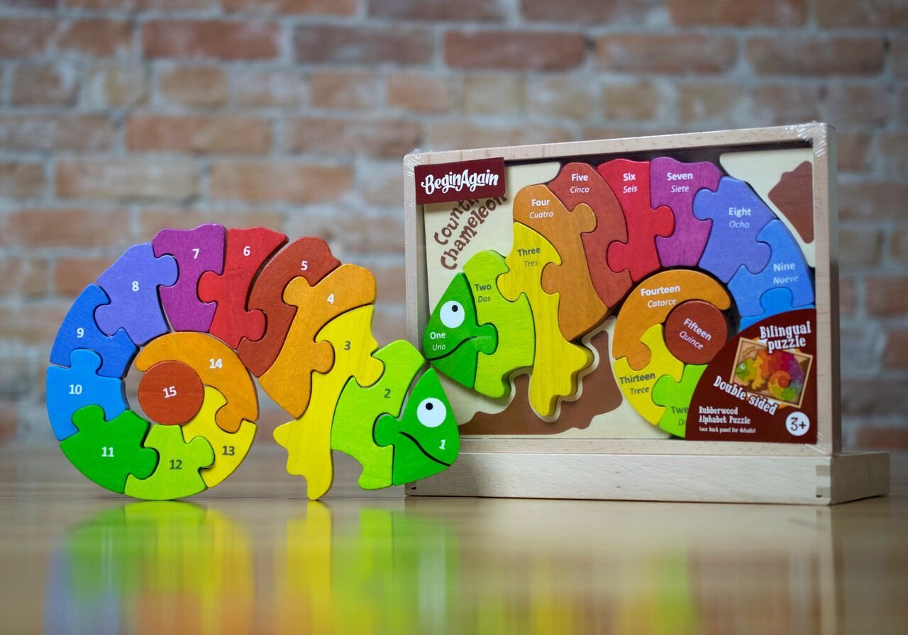 BeginAgain Counting Chameleon Bilingual Puzzle - Bilingual Wooden ...