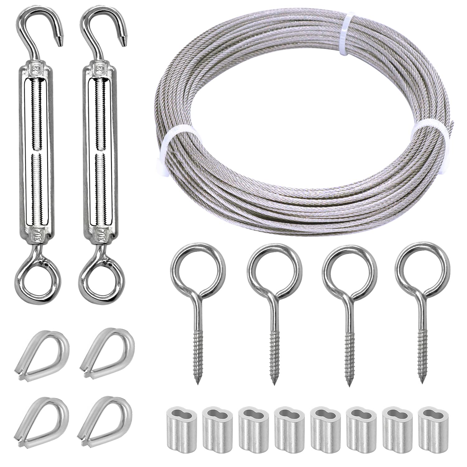KNLN/304 Stainless Steel 66ft Wire Rope Kit with M5 Turnbuckle Tension ...