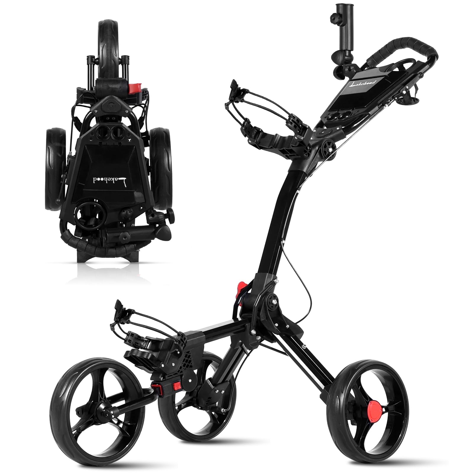 Lakehood Golf Push Cart, 3 Wheel Golf Push Cart Foldable and Golf Bag ...