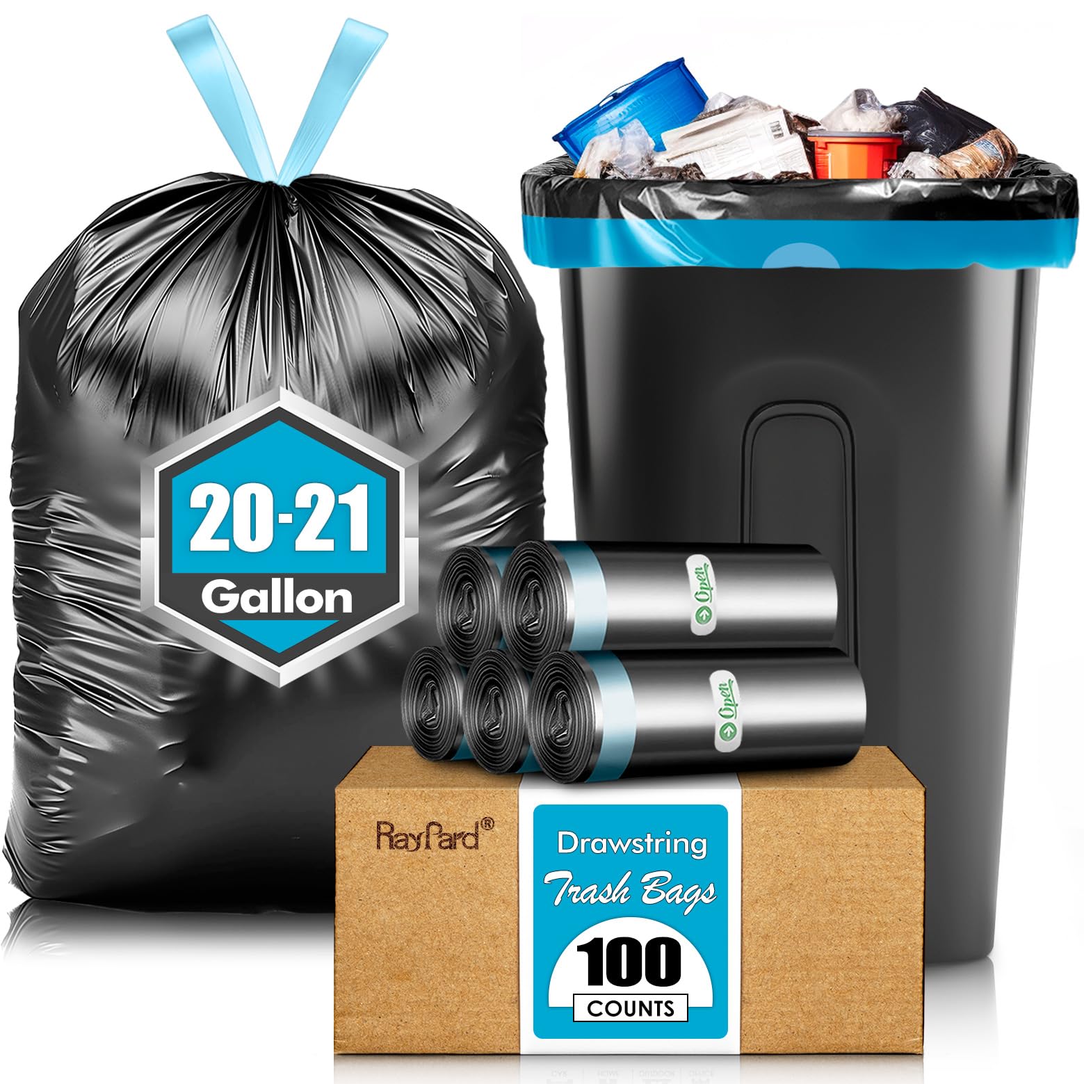 RayPard 20 Gallon Large Drawstring Trash Bags Fit 20-21 Gal, 100 Counts ...