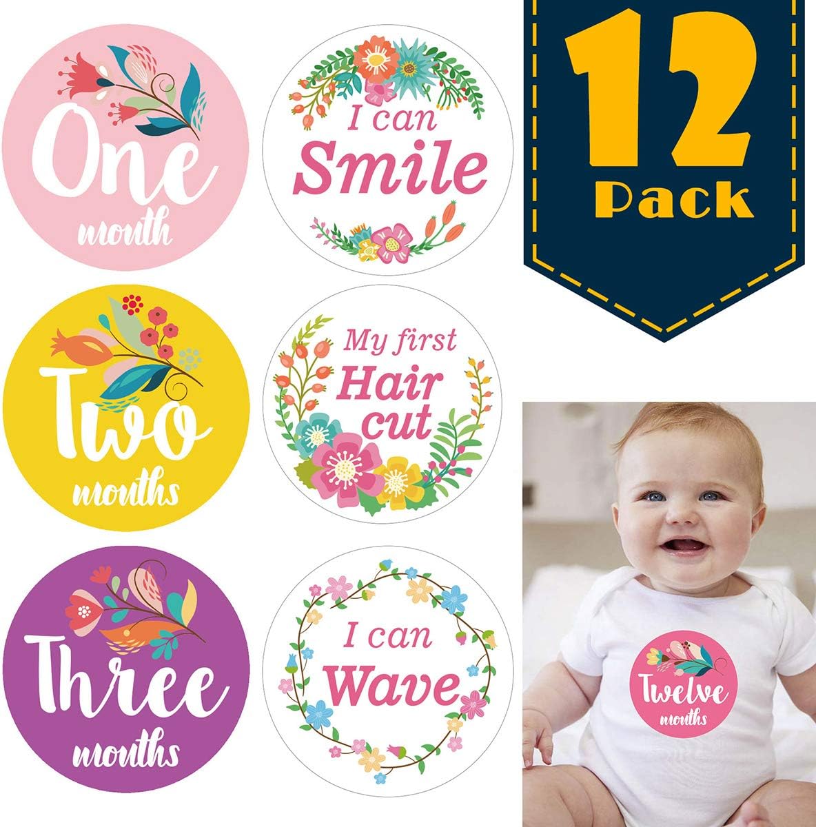 Camidy Baby Monthly Milestone Stickers,1 to 12 Month Floral Sticker for ...
