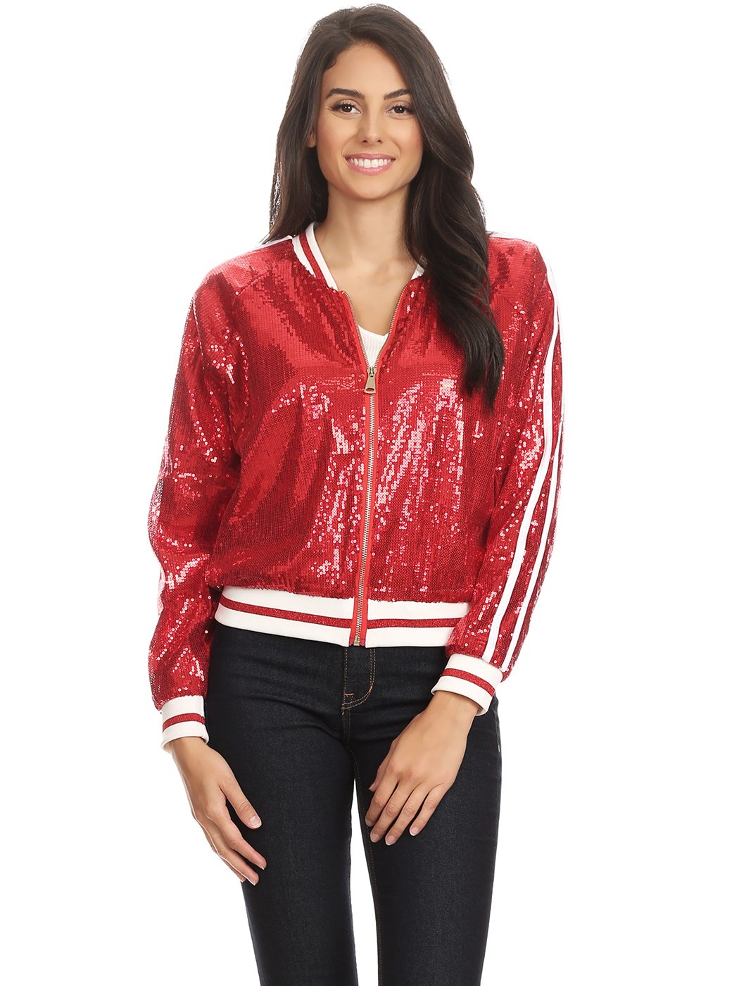 Mua Anna-Kaci Womens Long Sleeve Front Zip Track Stripe Sequin Bomber ...