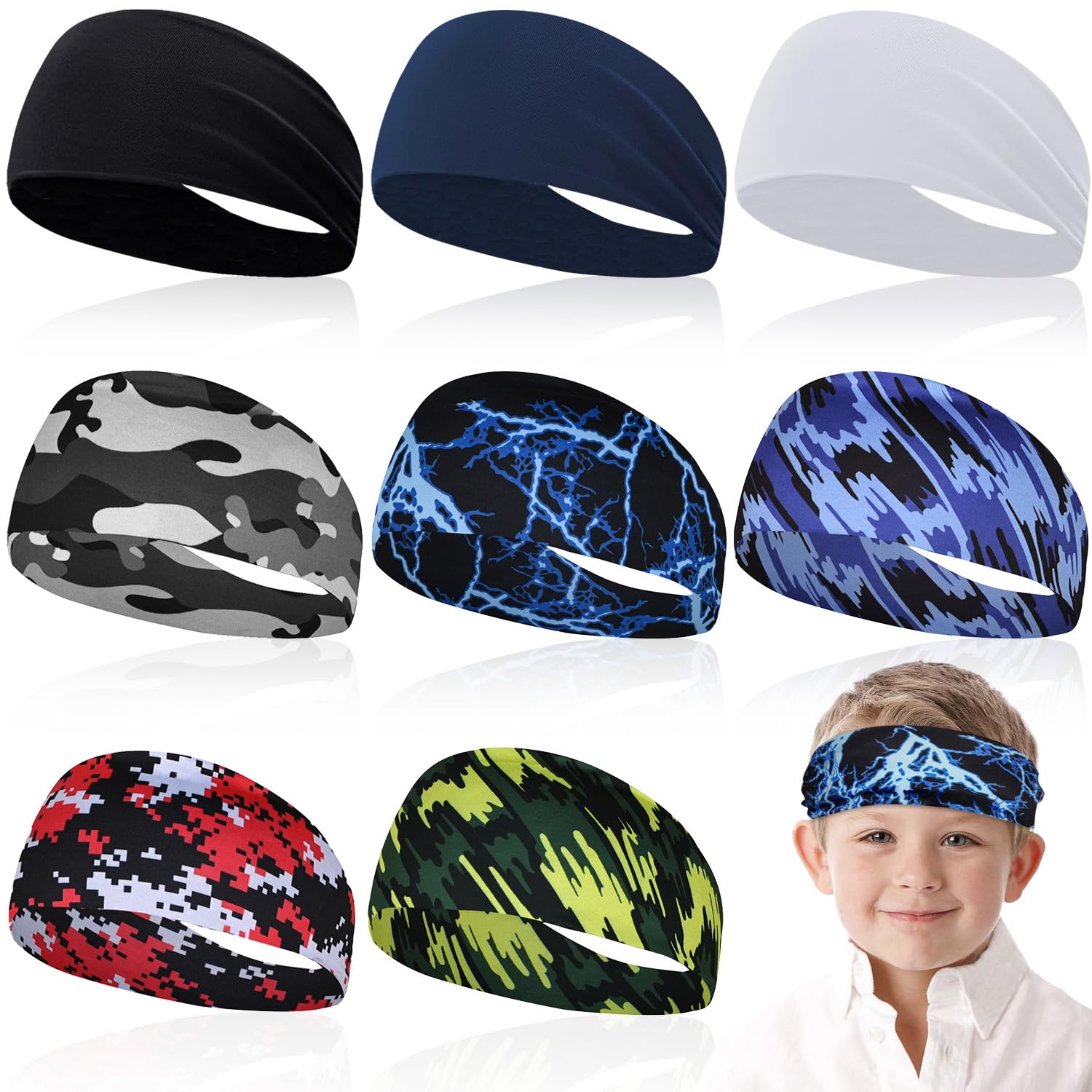 HSDJLXZ 8 Pcs Sports Headbands for Boys,Breathable Kids Sweatbands with ...