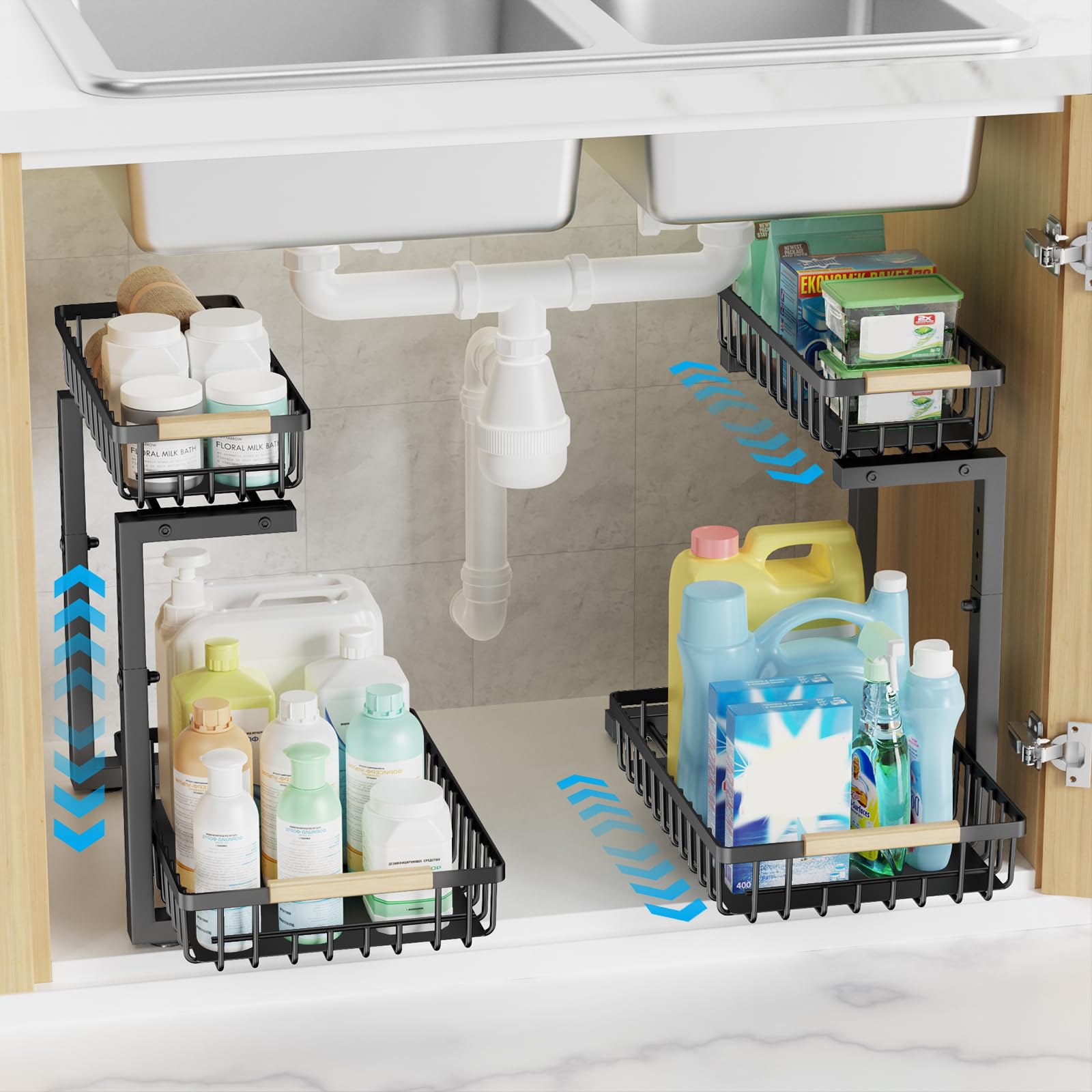 Under Sink Organizer 2 Pack, 2 Tier Upgraded Slide Out Under Sink ...