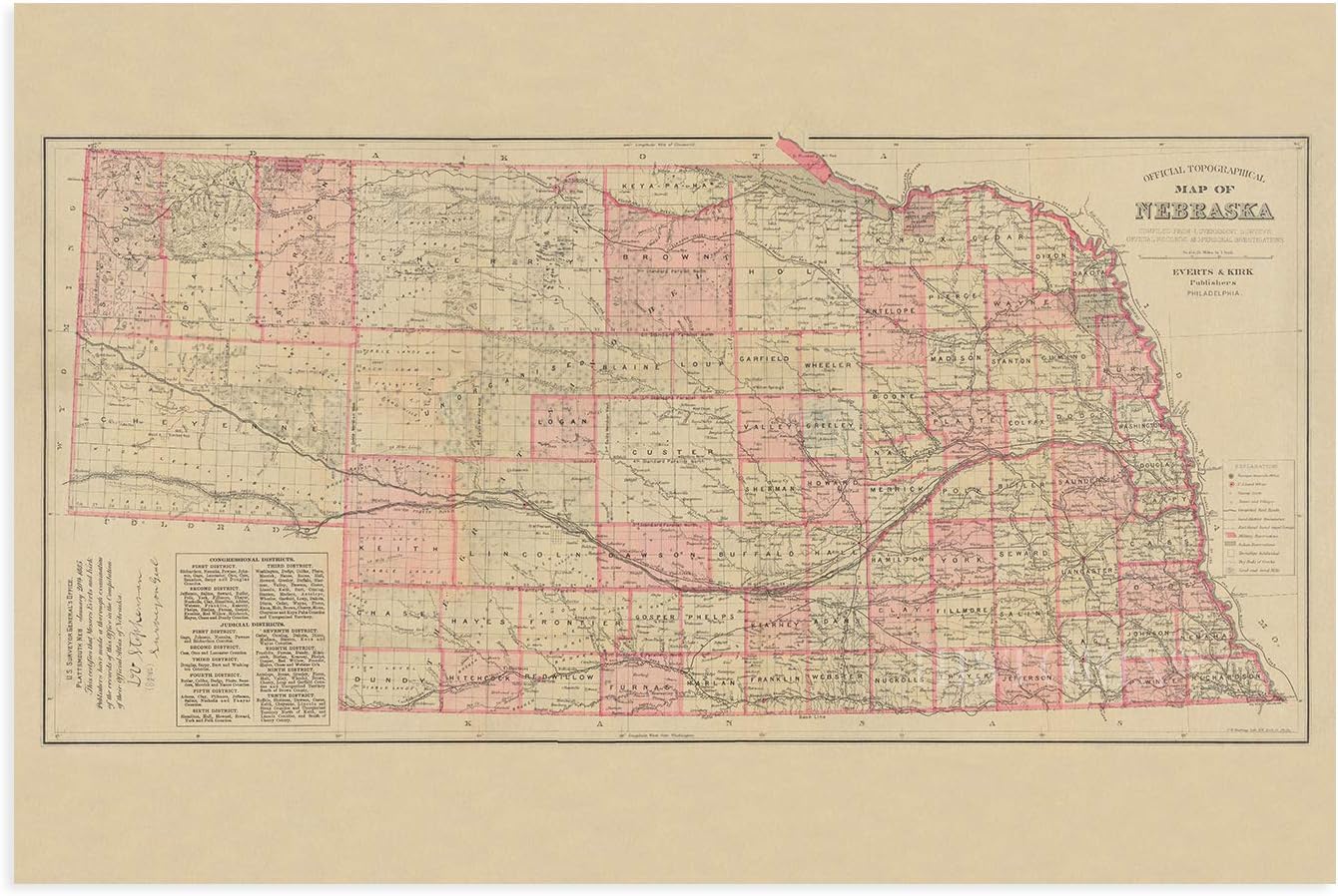1885 Nebraska Map Art - Vintage State of Nebraska USA Wall Decor Poster ...