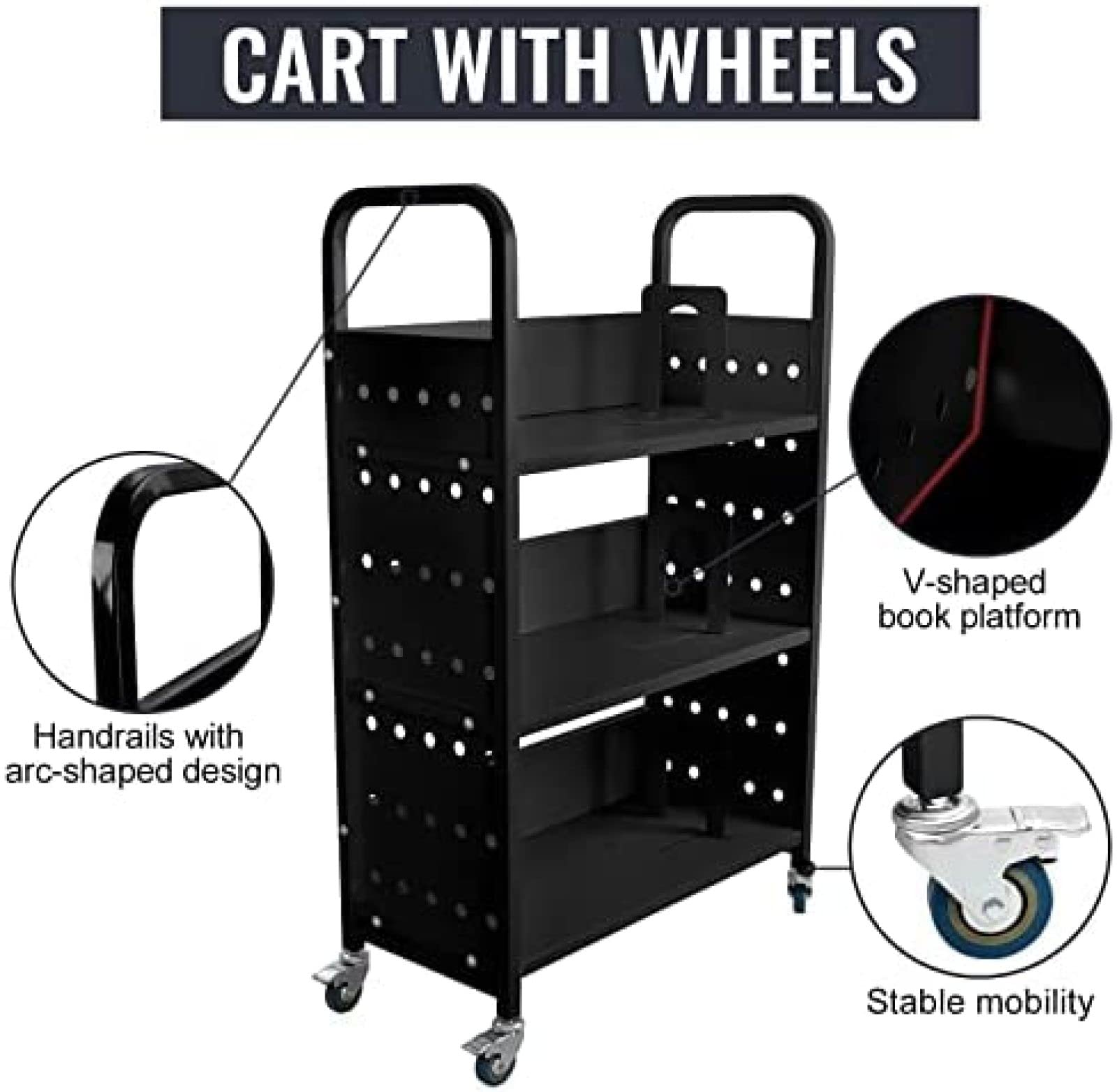 Library Book Cart, 200 LBS Single Sided V-Shaped Rolling Book Cart With ...