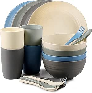 Amazon.com: shopwithgreen Wheat Plastic Dinnerware Sets - Camp Dishes ...