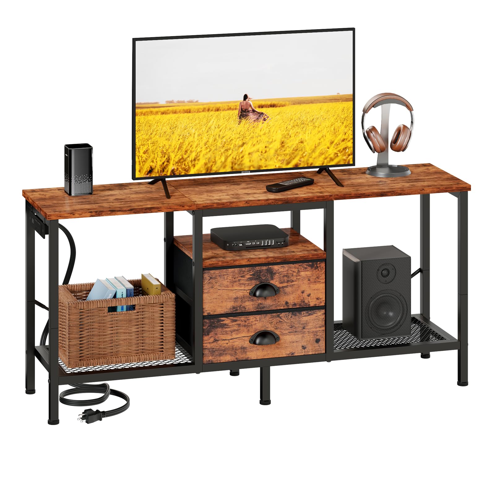 Furologee TV Stand with Power Outlets and 2 Fabric Drawers, 42 Inch ...