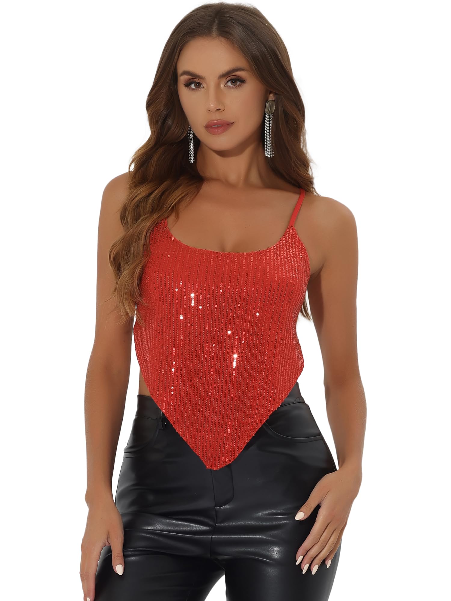 Allegra K Women's Christmas Sequin Spaghetti Straps Crisscross Backless ...