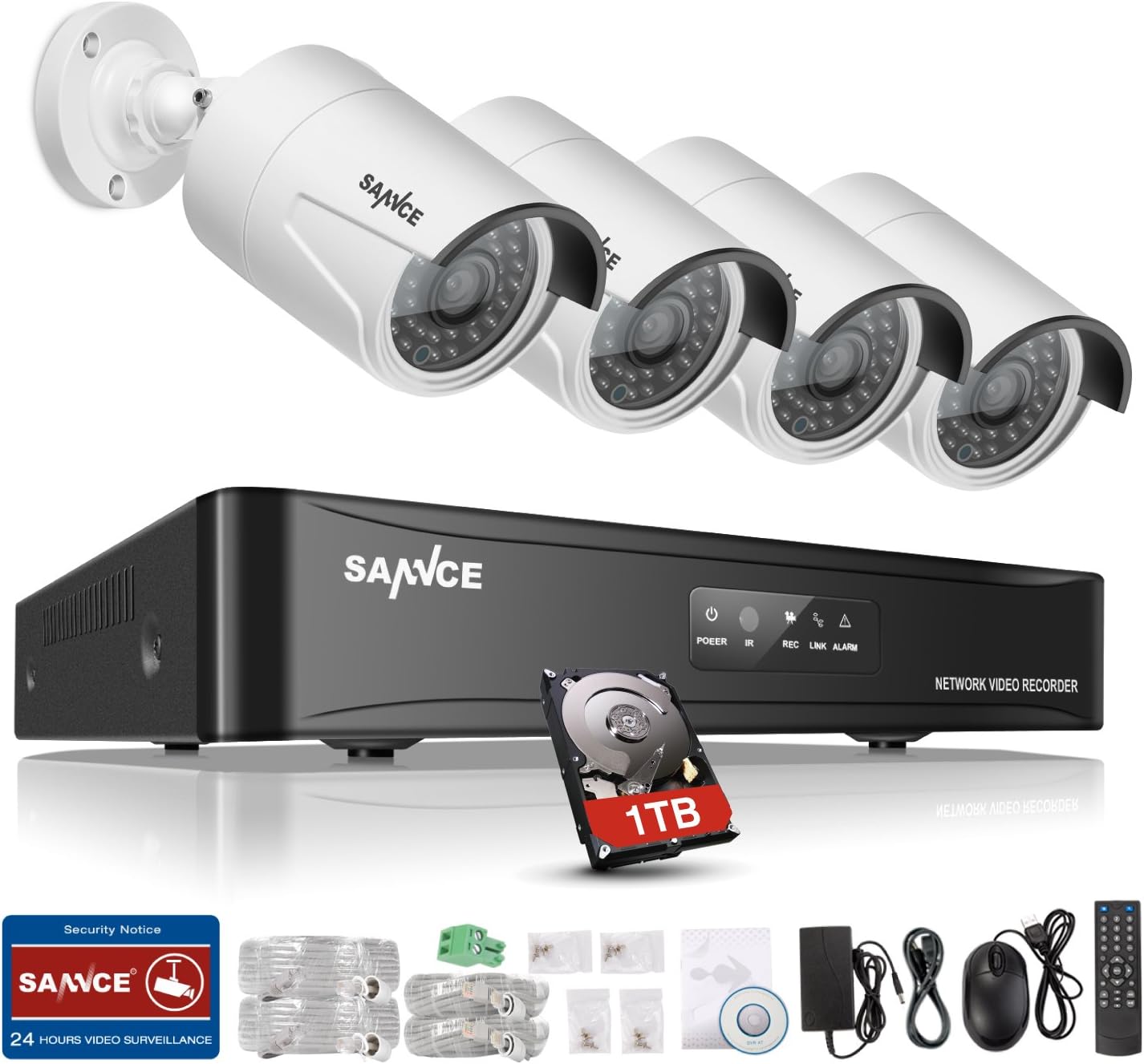 SANNCE Kit de Sistema de vigilancia inalámbrica 4 cámaras de Seguridad (Onvif H.264 4CH NVR P2P ...